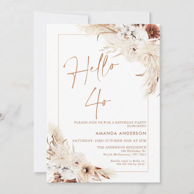 Boho Pampas Grass Frame Hello 40th Birthday Invitation | Zazzle