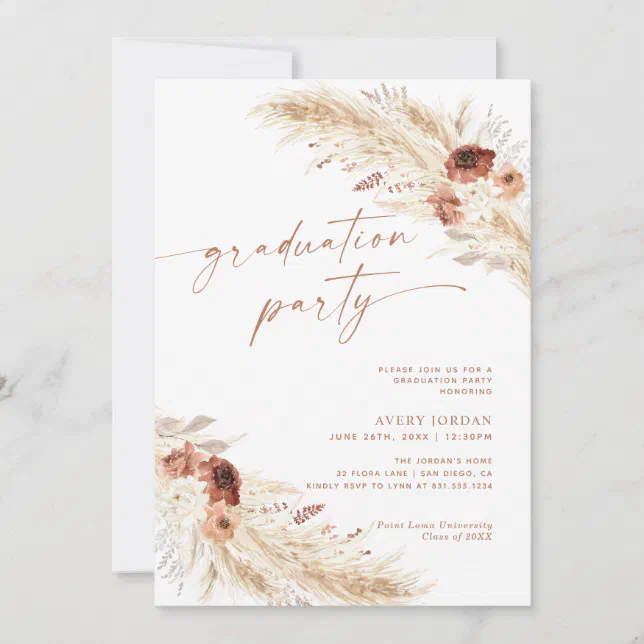 Boho Pampas Grass Graduation Party Invite | Zazzle
