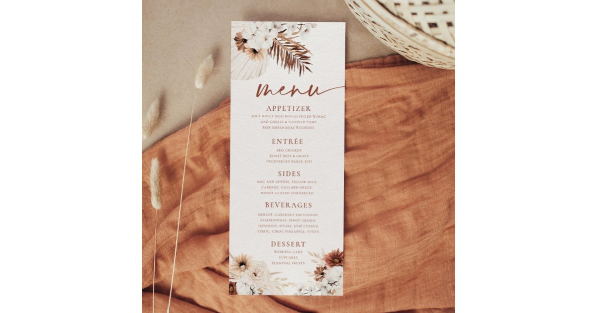 Boho Pampas Grass Menu | Zazzle