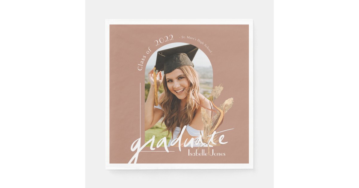Boho Pampas Grass Terracotta Photo Graduation Napkins | Zazzle