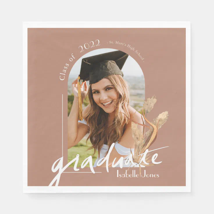 Boho Pampas Grass Terracotta Photo Graduation Napkins | Zazzle