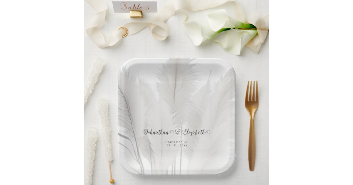 Boho Pampas Grass Wedding Paper Plates | Zazzle