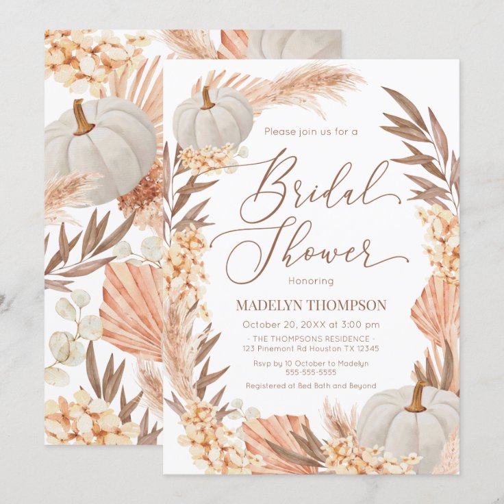 Boho Pampas Pumpkin White Bridal Shower Invitation | Zazzle