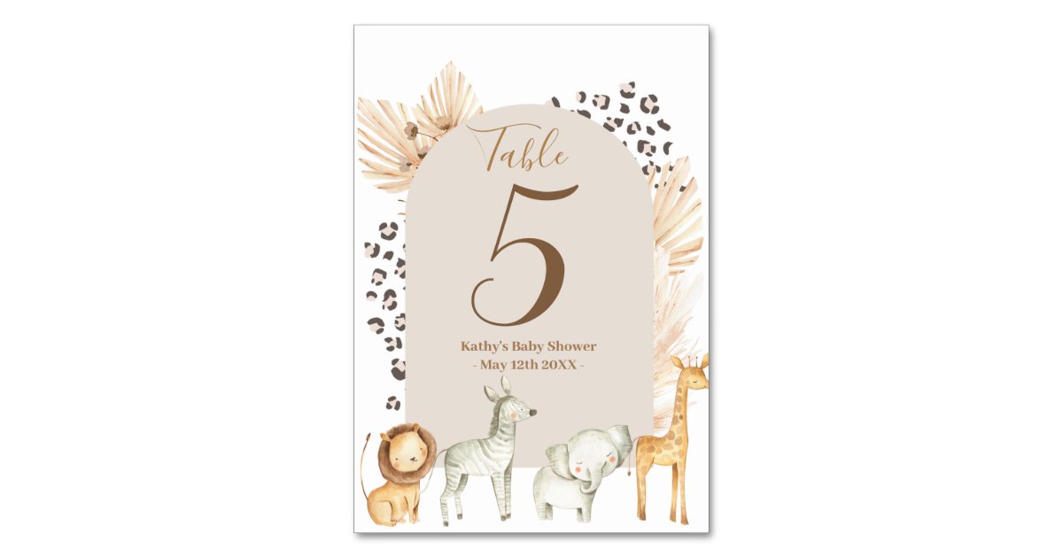 Boho Pampas Safari Animals Modern Table Number | Zazzle