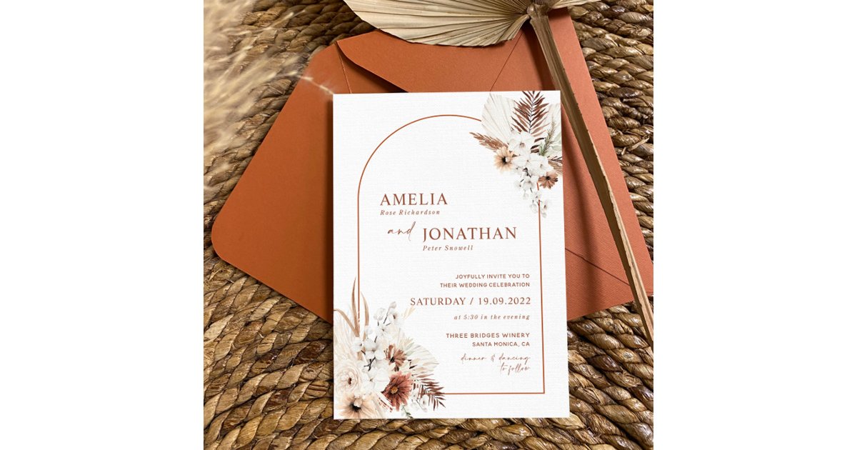 Boho Pampas Terracotta Rust Wedding Invitation | Zazzle