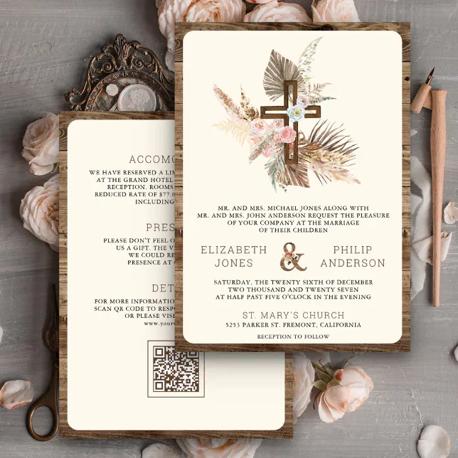 Boho Pampas Wood Cross All in One Catholic Wedding Invitation | Zazzle