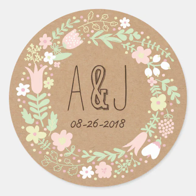 Boho Pastel Floral Wreath Rustic Wedding Classic Round Sticker | Zazzle
