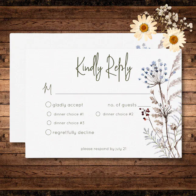 Boho Pastel Wildflowers Modern Floral Three Dinner RSVP Card | Zazzle