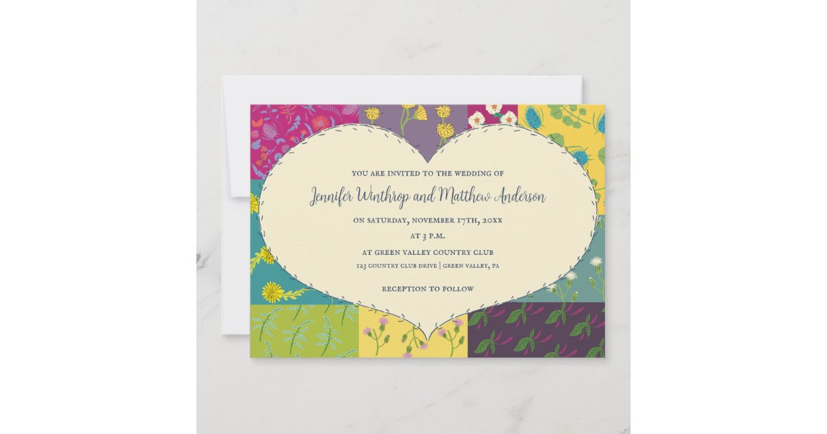 Boho Patchwork Quilt and Heart Shape Wedding Invitation | Zazzle
