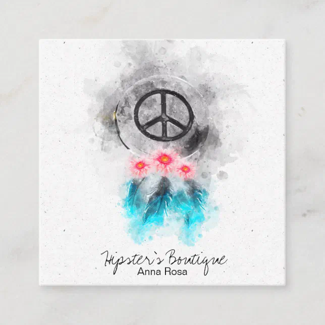 Boho Peace Sign Flowers Feathers Grunge Tribal Square Business Card ...