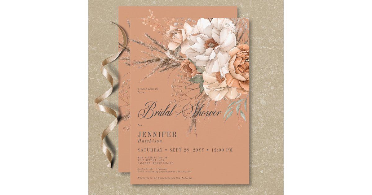 Boho Peach & Cream Floral Rust Bridal Shower Invitation | Zazzle