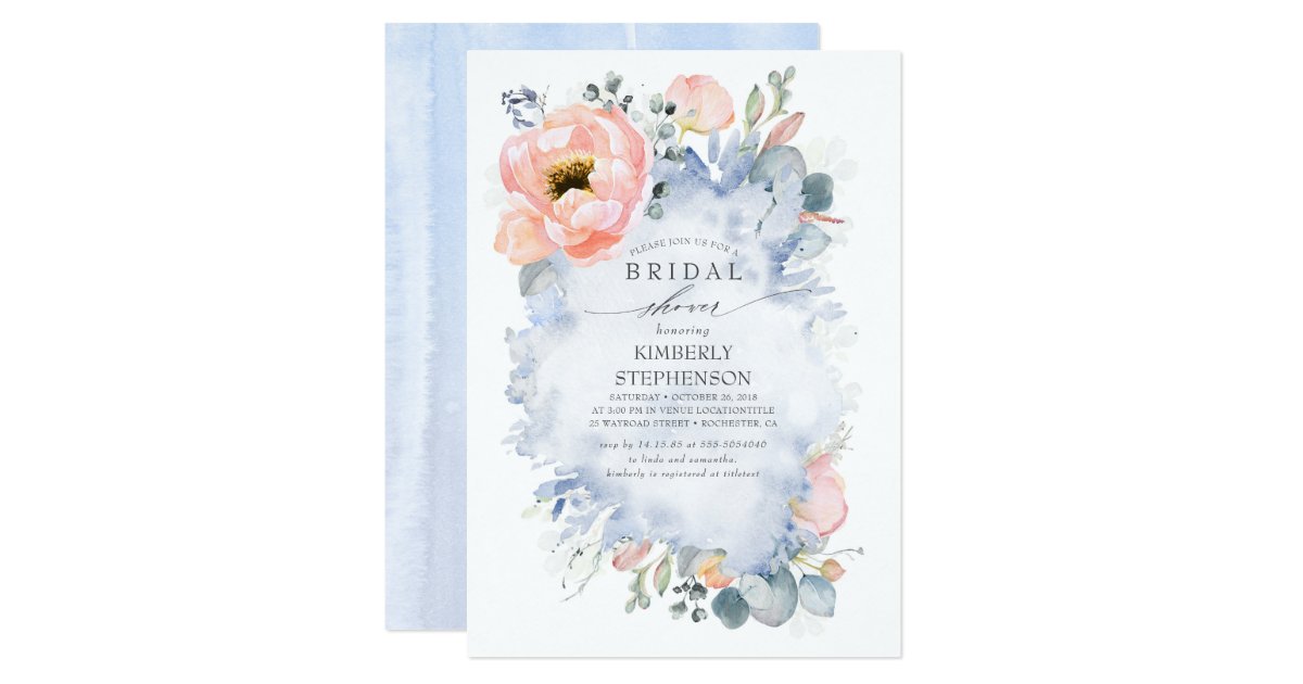 Boho Peach Flowers Soft Dusty Blue Bridal Shower Invitation | Zazzle.com