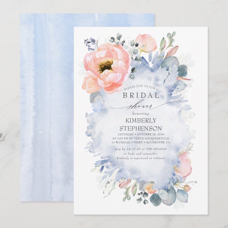 Boho Peach Flowers Soft Dusty Blue Bridal Shower Invitation | Zazzle