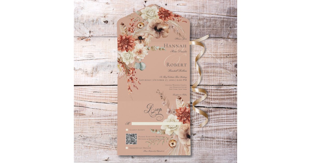 Boho Peach & Rust Floral & Feather Peach QR Code All In One Invitation ...