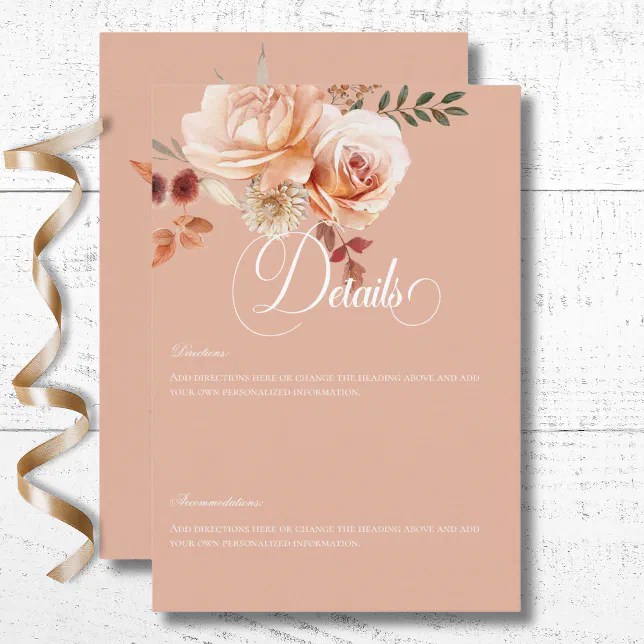 Boho Peach & Rust Floral Peach Blush Details Enclosure Card | Zazzle