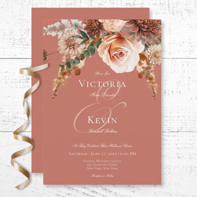 Boho Peach & Rust Floral Rust Wedding Invitation | Zazzle