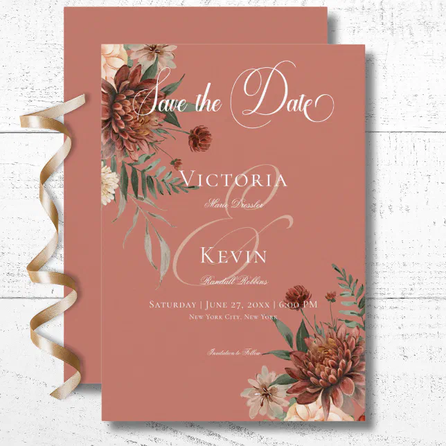 Boho Peach & Rust Floral Rust Wedding Save The Date | Zazzle