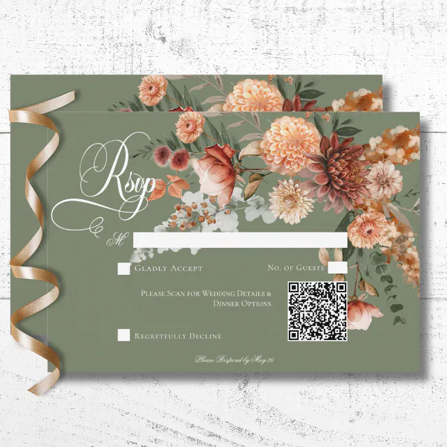 Boho Peach & Rust Floral Sage Green QR Code RSVP Card | Zazzle