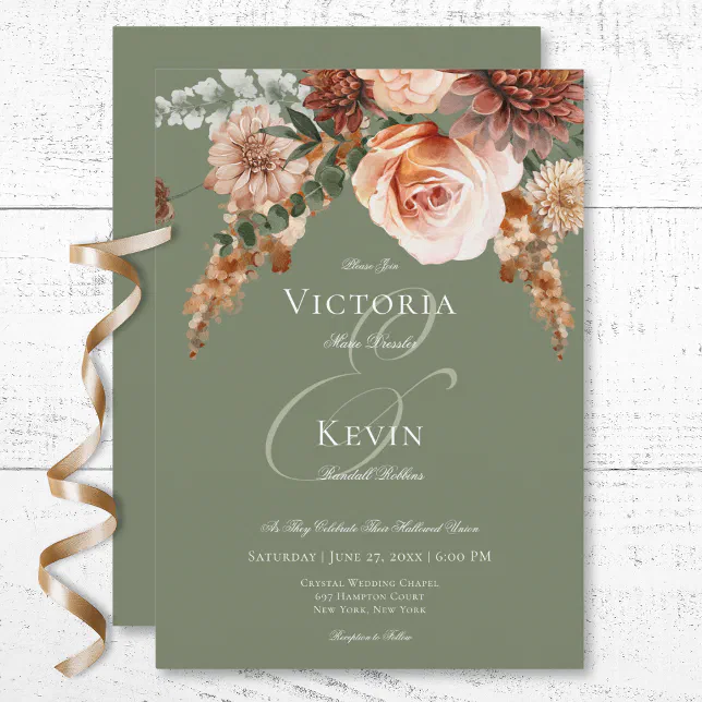 Boho Peach & Rust Floral Sage Green Wedding Invitation | Zazzle