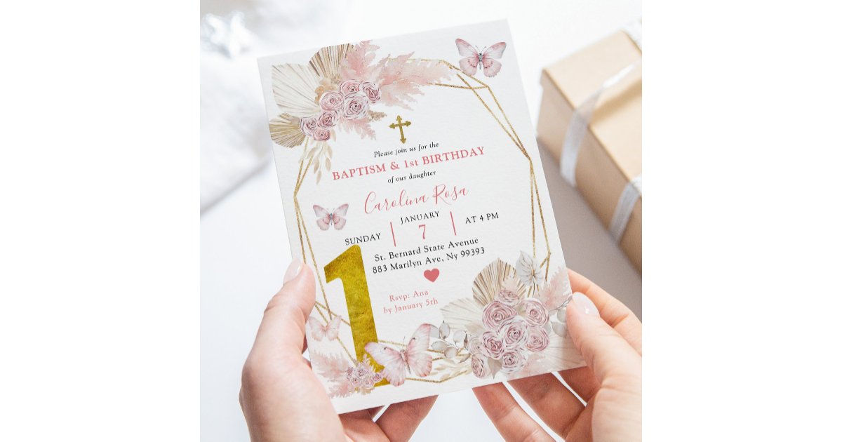 Boho Pink Butterfly Baptism and First Birthday Invitation | Zazzle