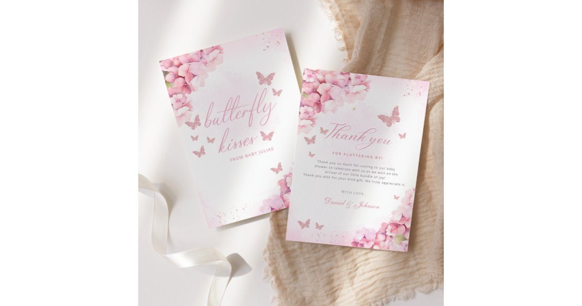Boho Pink Butterfly Kisses Floral Girl Baby Shower Thank You Card | Zazzle
