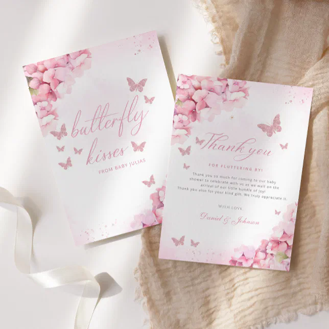 Boho Pink Butterfly Kisses Floral Girl Baby Shower Thank You Card | Zazzle