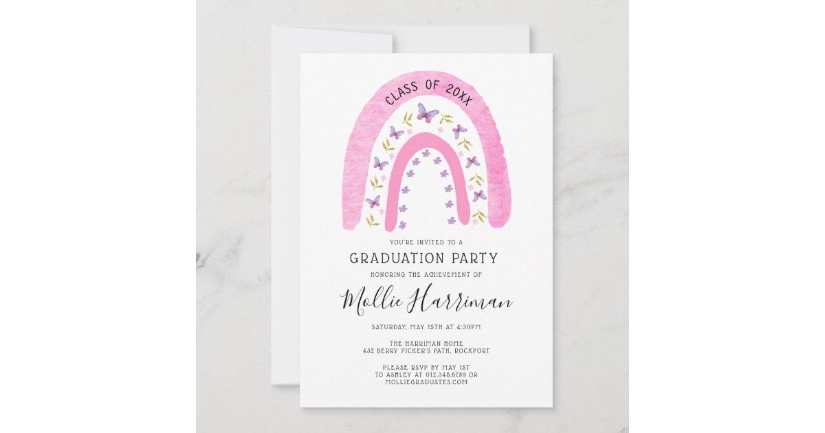 Boho Pink Butterfly Rainbow Girly Graduation Invitation | Zazzle