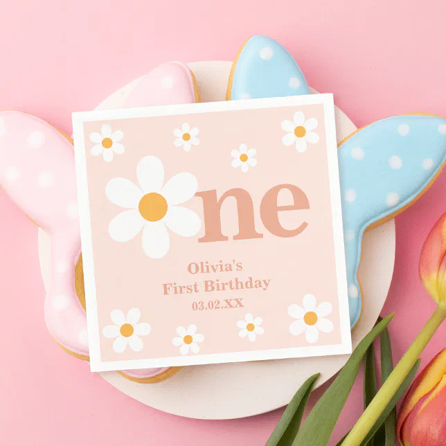 Boho Pink Daisy First Birthday Napkins | Zazzle