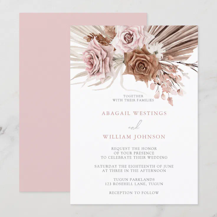 Boho Pink Dusty Rose Blush Bohemian Floral Wedding Invitation | Zazzle