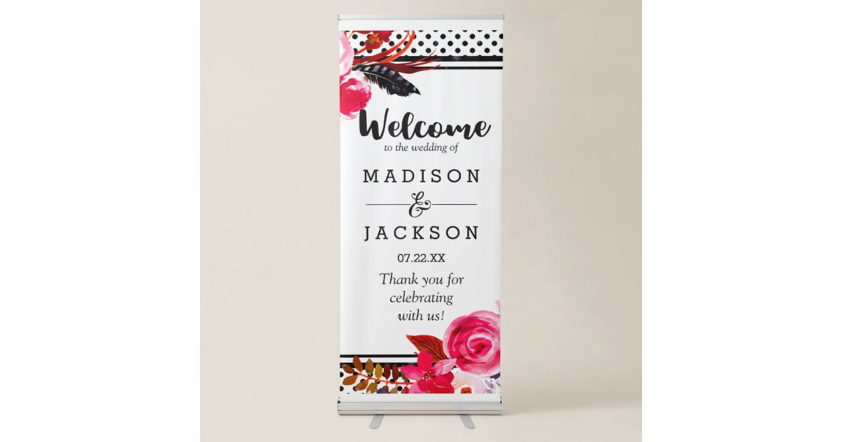 Boho Pink Floral & Black Dots Wedding Welcome Retractable Banner | Zazzle