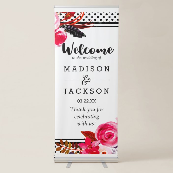 Boho Pink Floral & Black Dots Wedding Welcome Retractable Banner ...