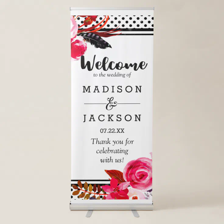 Boho Pink Floral & Black Dots Wedding Welcome Retractable Banner | Zazzle