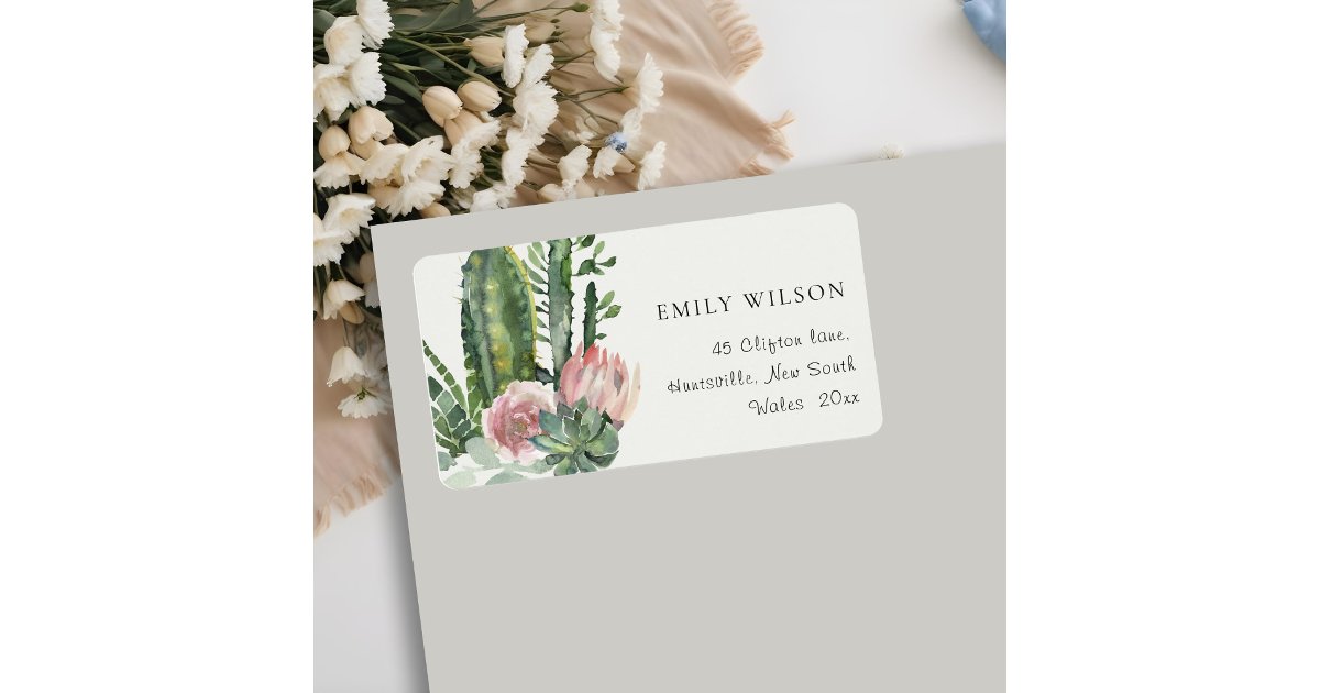 BOHO PINK FLORAL CACTI FOLIAGE WATERCOLOR ADDRESS LABEL | Zazzle