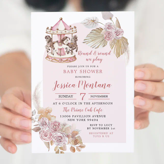 Boho Pink Floral Carousel Baby Shower Invitation | Zazzle