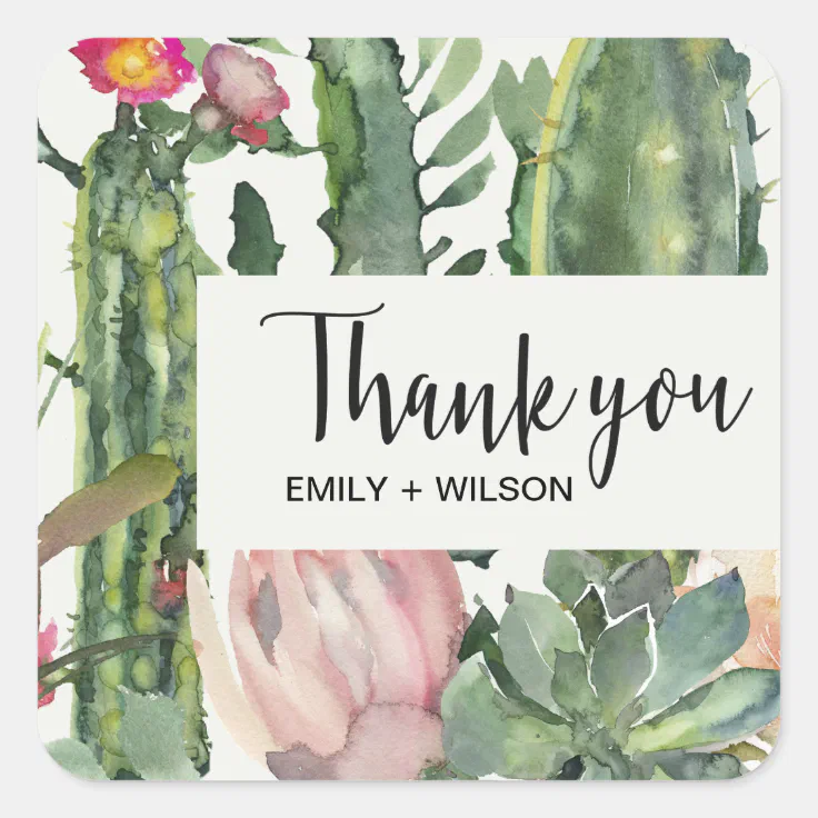 BOHO PINK FLORAL DESERT CACTI FOLIAGE THANK YOU SQUARE STICKER | Zazzle