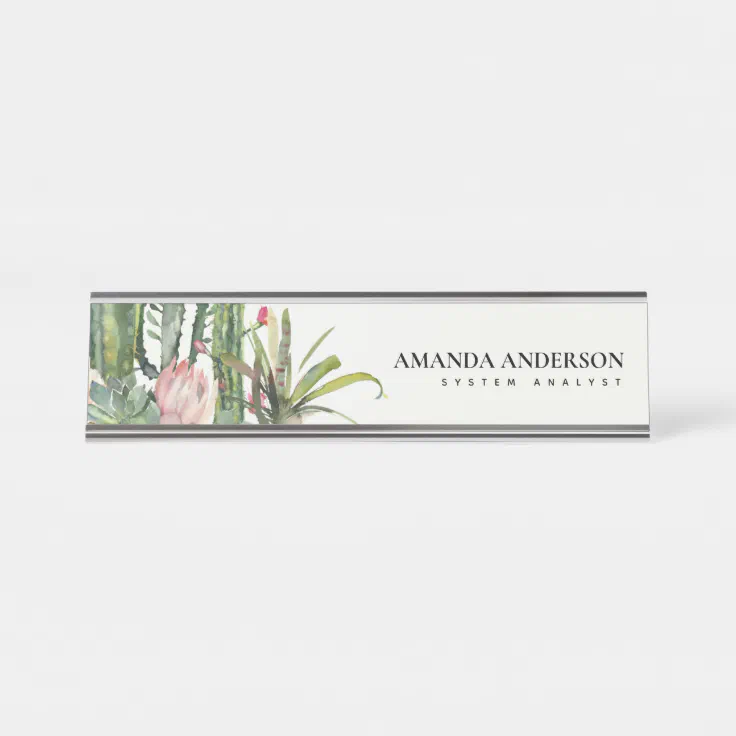 BOHO PINK FLORAL DESERT CACTI FOLIAGE WATERCOLOR DESK NAME PLATE | Zazzle