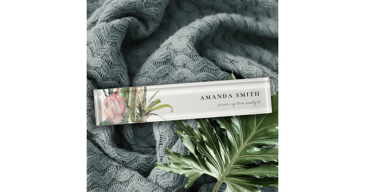 BOHO PINK FLORAL DESERT CACTI FOLIAGE WATERCOLOR DESK NAME PLATE | Zazzle