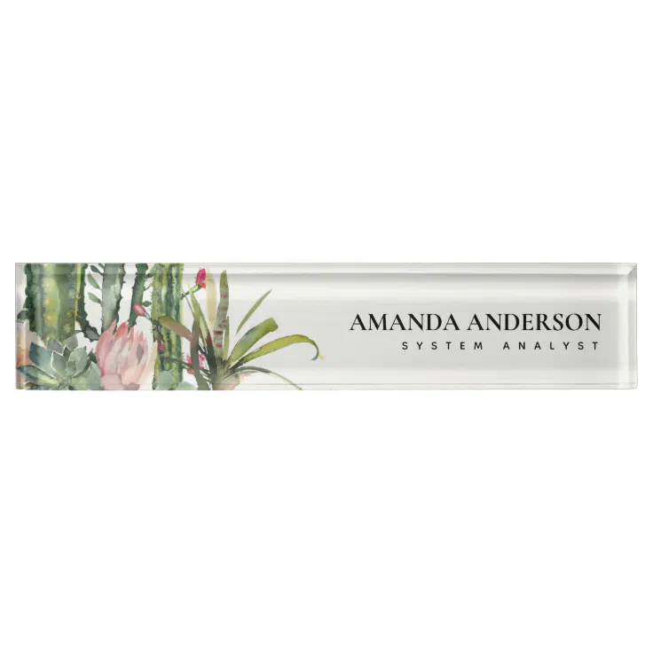 BOHO PINK FLORAL DESERT CACTI FOLIAGE WATERCOLOR DESK NAME PLATE | Zazzle
