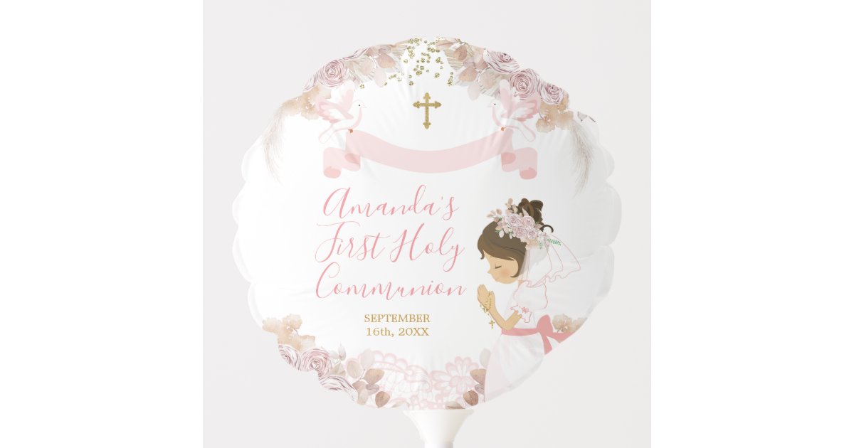 Boho Pink Floral Girl FIRST Holy Communion Balloon | Zazzle