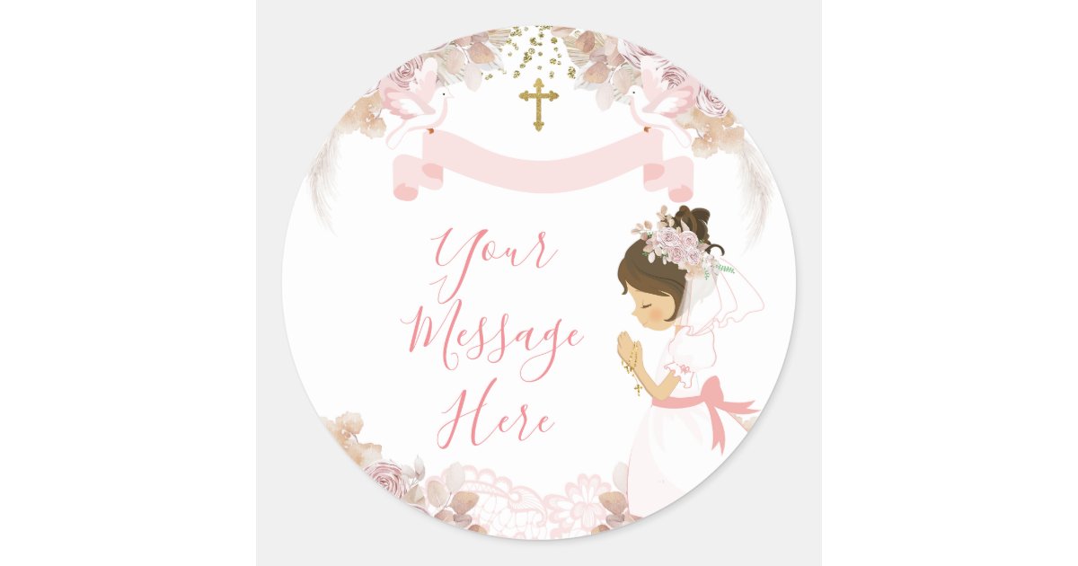 Boho Pink Floral Girl FIRST Holy Communion Cross Classic Round Sticker ...