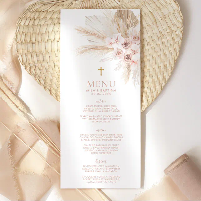 Boho Pink Floral Girls Baptism Christening Menu | Zazzle