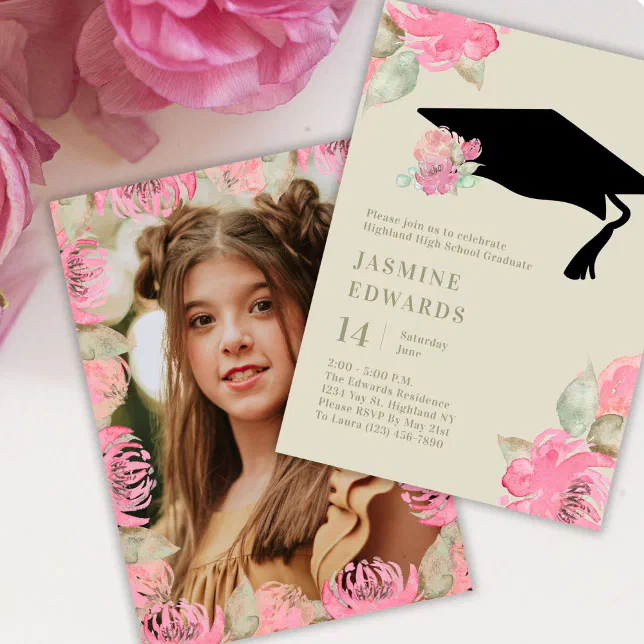 Boho Pink Floral Girl's Graduation Invitation | Zazzle