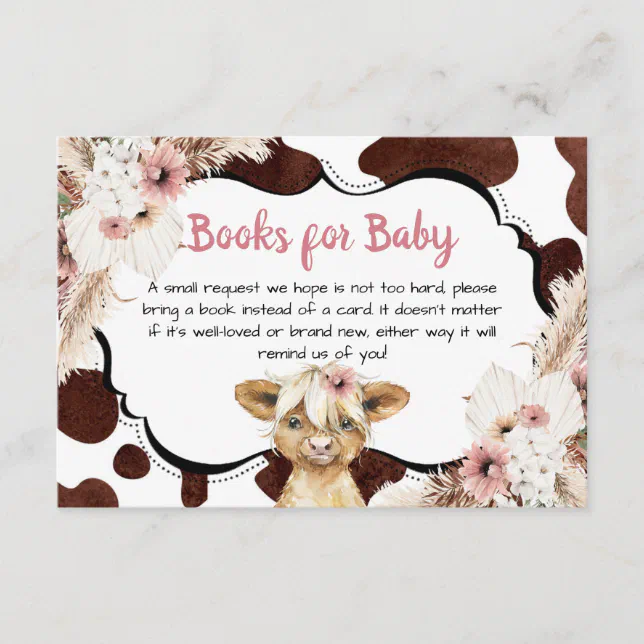 Boho Pink Floral Highland Cow Books For Baby Enclosure Card | Zazzle