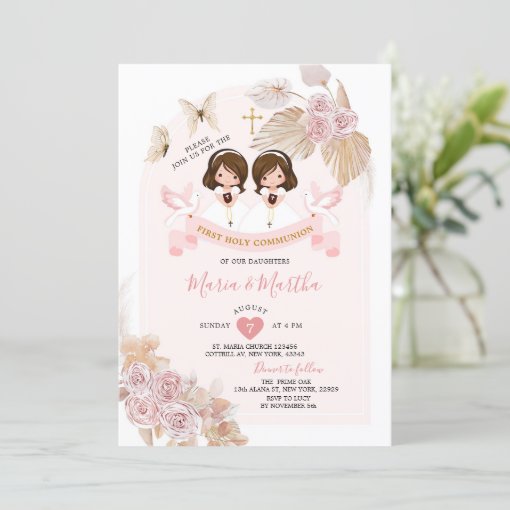Boho Pink Floral Twin Girl First Holy Communion Invitation | Zazzle