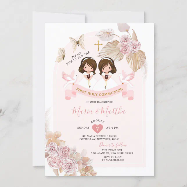 Boho Pink Floral Twin Girl First Holy Communion Invitation | Zazzle