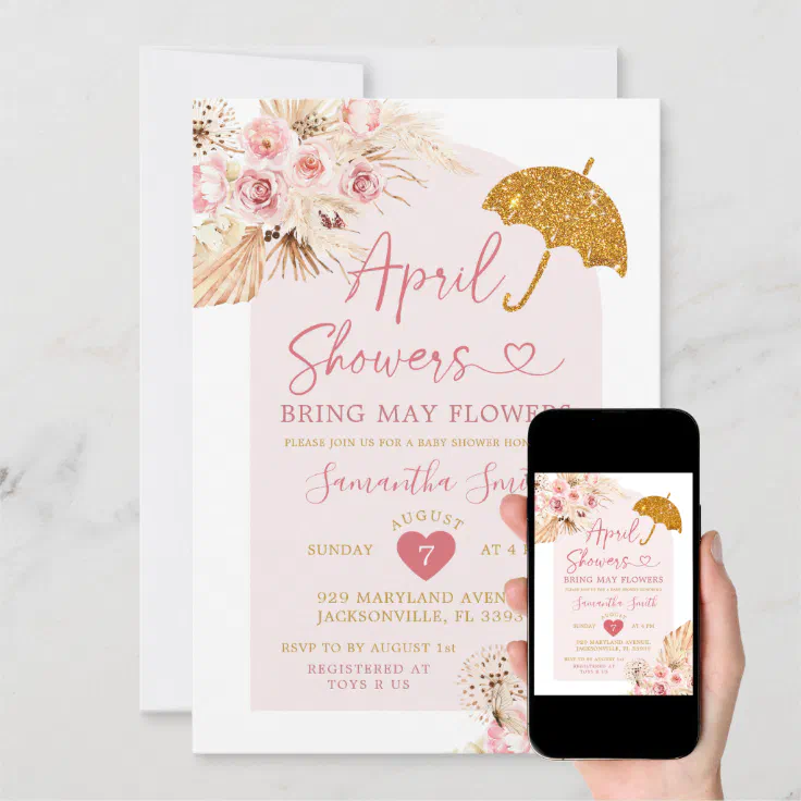 Boho Pink Gold April Showers Baby Shower Invitation | Zazzle