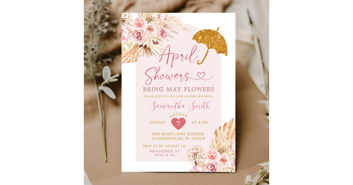 Boho Pink Gold April Showers Baby Shower Invitation | Zazzle