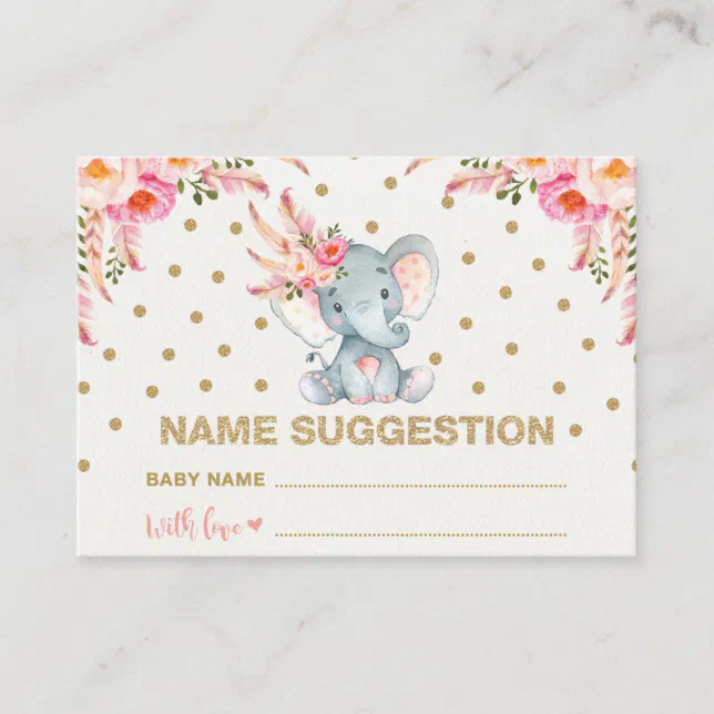 Boho Pink Gold Floral Baby Name Suggestion Card | Zazzle