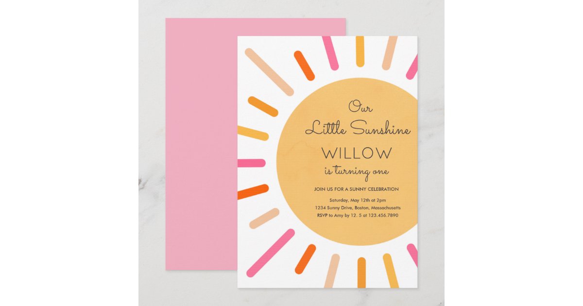 Boho Pink Our Little Sunshine Birthday Party Invitation | Zazzle