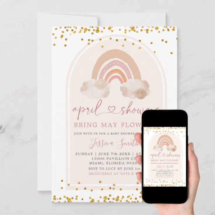 Boho Pink Rainbow April Showers Baby Shower Invitation | Zazzle